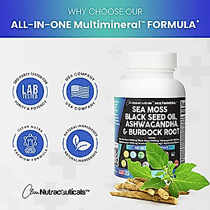 Sea Moss 3000mg Black Seed Oil 2000mg Ashwagandha 1000mg Turmeric 1000mg Bladderwrack 1000mg Burdock 1000mg & Vitamin C Vitamin D3 with Elderberry Manuka Dandelion Yellow Dock Iodine Chlorophyll ACV