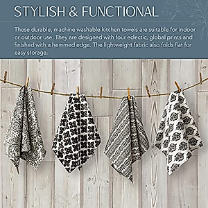 Elrene Home Fashions Everyday Casual Prints Assorted Kitchen Towels, Cotton Dish Towels, 17 Inches by 28 Inches, Black, Set of 4