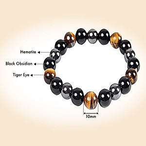 Handmade Bracelets for Women, Men Triple Protection Bead Bracelet -10 mm Hematite, Black Obsidian, Tiger Eye Jewelry Protection - Healing Stone Bead Bracelets for Women and Men Black Obsidian Bracelet