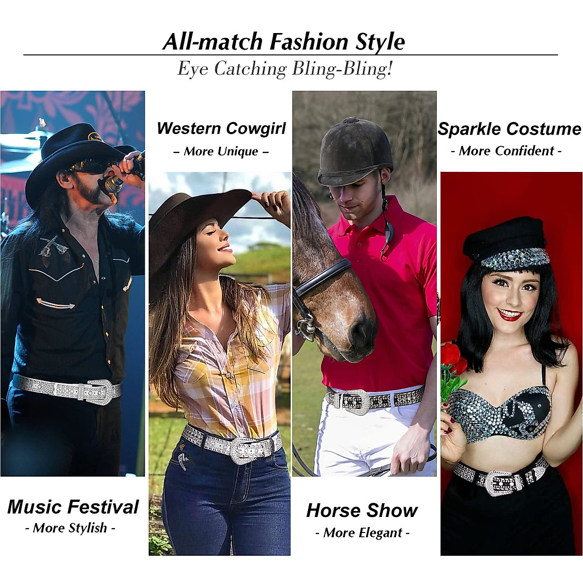 SUOSDEY Rhinestone Belt for Men Women Western Cowboy Cowgirl Bling Studded Leather Belt for Jeans Pants,Black,S