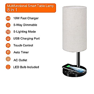ALOTUS Multifunctional Table Lamp with 10W Fast Wireless Charger, USB Port, 5 Brightness,5 Lighting Mode,40/60 Min Auto Timer, Nightstand Bedside Lamp for Bedroom (LED Bulb Included)…