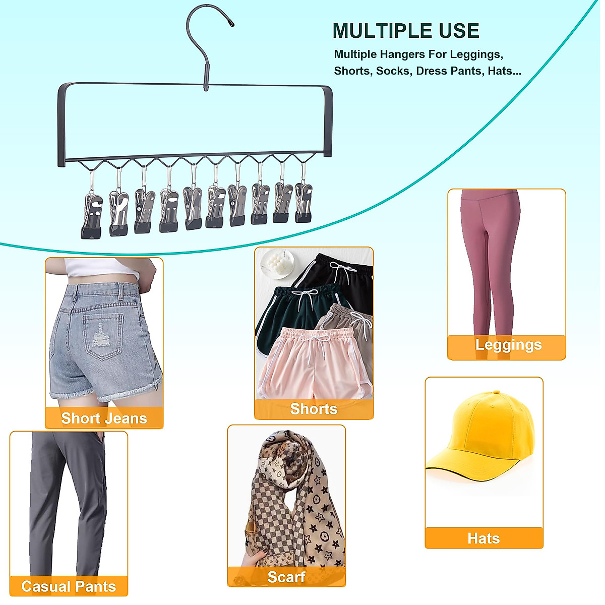 GallFould Legging Organizer for Closet Storage: Set of 2 Legging Hanger with 20 Clips Holds up to 20 Yoga Pants - Collapsible Heavy-Duty Hat Racks - 360° Rotation Space Saving Legging Hooks