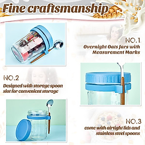 Irenare 10 Pack 10 oz Overnight Oats Containers with Lids and Spoons, Glass Airtight Oatmeal Overnight Oat Jars with Measurement Marks Airtight Jars for Milk Cereal Fruit (Blue)