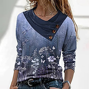 X-F58 Royal Blue Women Tshirts Gradient Dragonfly Floral Graphic Loose Fit Long Tops Tee for Women Drop Shoulder Skew Cowl Neck Lounge Fall Summer Shirts Button Up 2023 Clothes QT S