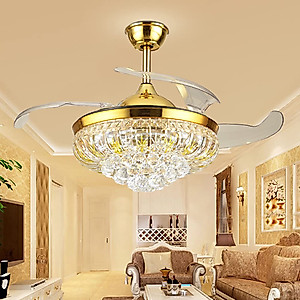 Lighting Groups 42" Invisible Crystal Black Ceiling Fans with 5 Light Bulbs Remote Control 4 Retractable Blades Bedroom Diningroom Fan Chandelier Indoor Ceiling Light Kits with Fans (42 Inch, Black F)