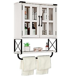 RUSTOWN Farmhouse Medicine Cabinet with Cross Glass Doors, Wood Wall Storage Cabinet, 3-Tier Rustic Bathroom Cabinet with Adjustable Shelves and Towel Bar for Living Room(Vintage White, Medium)