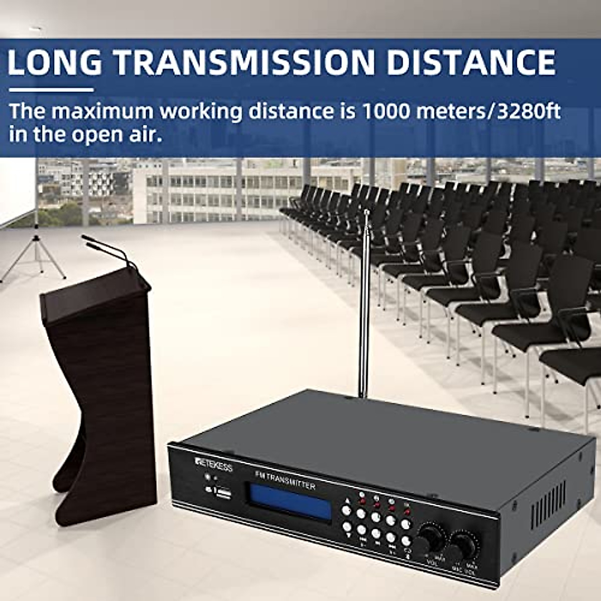 Retekess TR510 FM Transmitter, Long Range FM Broadcast Transmitter with Dual Mic, 3 Preset Stations, FM Radio Station for Church Parking Lot,Drive in Movie,Support USB Drive and RCA Inputs