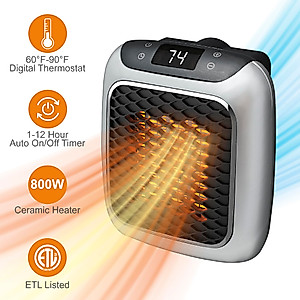Ontel Handy Heater Turbo Heat 800W Wall Outlet Small Space Heater with Adjustable Thermostat, Programmable 12-Hour Timer, Auto Shut Off - Quiet & Space-Saving Ceramic Mini Heater (Packaging May Vary)