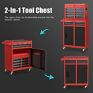Goplus Tool Chest, 5-Drawer Rolling Tool Storage Cabinet with Detachable Top Tool Box, Liner, Universal Lockable Wheels, Adjustable Shelf, Locking Mechanism, Metal Tool Cart for Garage Workshop