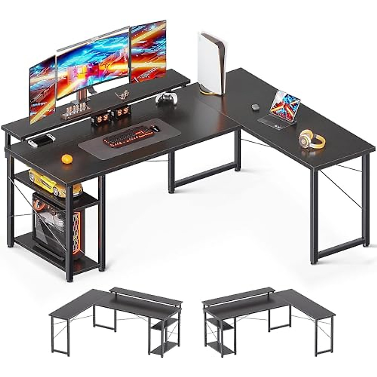 ODK L Shaped Gaming Desk, 61" Corner Computer Desk with Monitor Stand & Storage Shelf, Sturdy Home Office Desk, Black