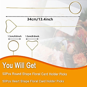 QTLCOHD 100Pcs Floral Card Holder Picks, 13.4 Inch Heart Shape Metal Floral Place Card Holder, Picture Photo Memo Holder Gold Round Photo Stick Clip, Gift Card Holder for Wedding and Party