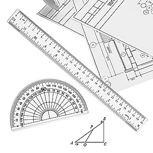 Coopay 12 Inch Math Geometry Tool Plastic Ruler Set Includes Straight Ruler, Triangle Ruler, Protractor, Compass, Pencil Lead, Pencil Sharpener for Student School Home Office Supplies