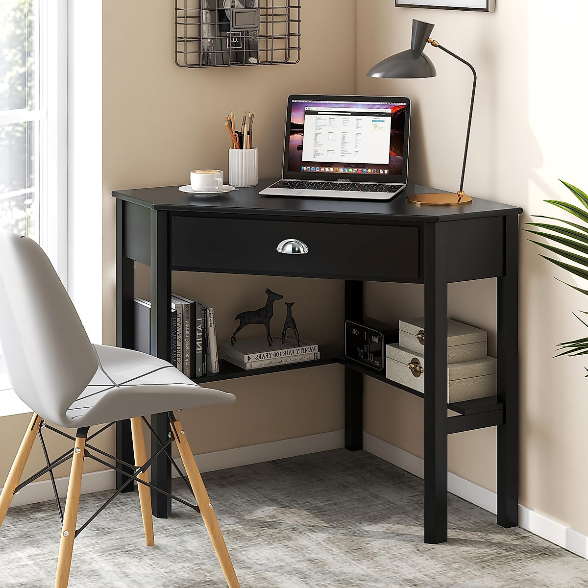 Nightcore Small, Wood Computer Desk, Compact Writing w/Drawer & Storage Shelves, Space Saving Study Workstation, Laptop PC Corner Table, Coffee