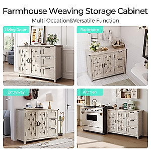 LINSY Sideboard Buffet Cabinet, 43" W Farmhouse Storage Cabinet with Drawers and Shelves, Gray