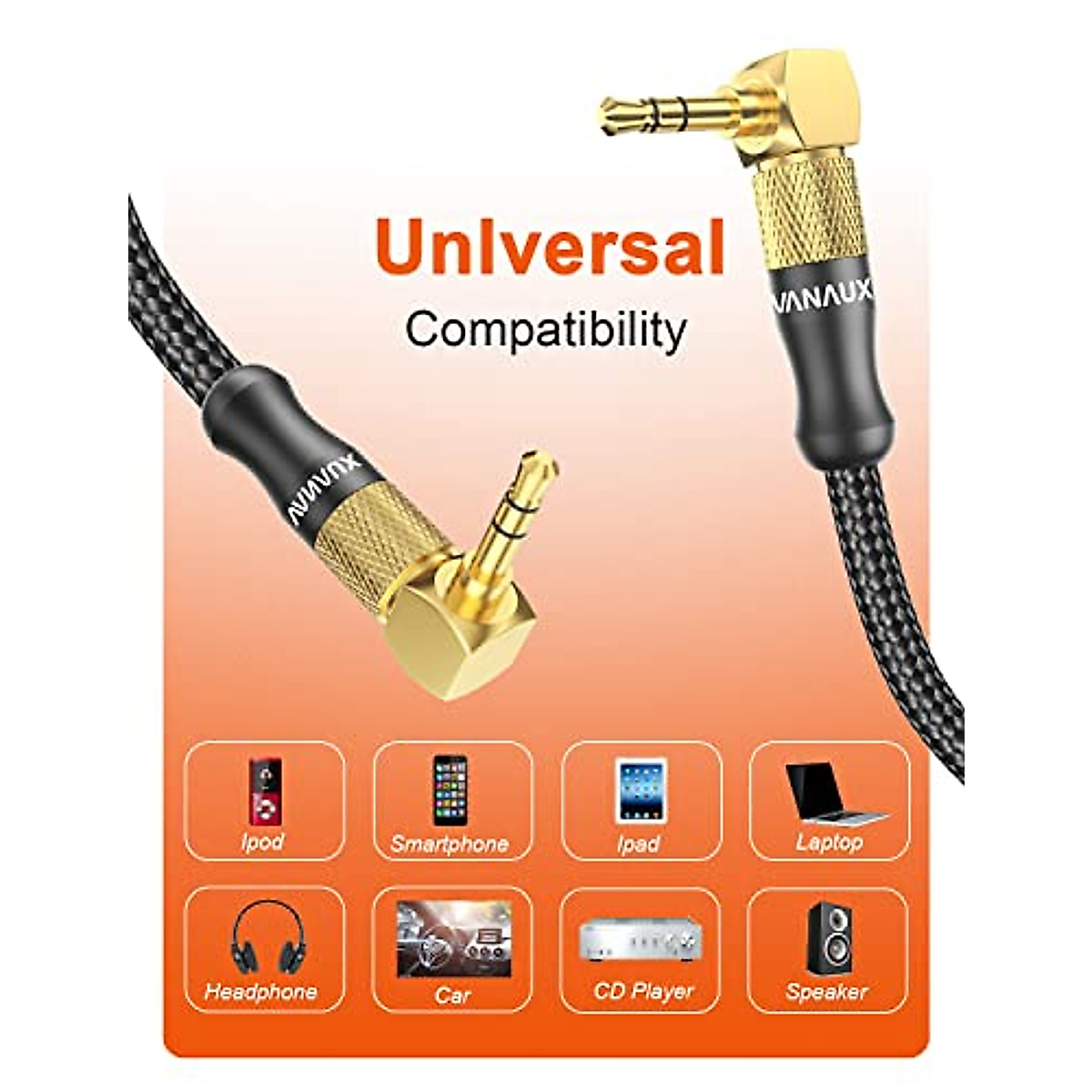 VANAUX 90 Degree Right Angle Aux Cable Male to Male 3.5mm Audio Cable Stereo Aux Cord Compatible with Laptop, Smartphone, Music Player,Tablets,Speakers (3.3feet/1m)