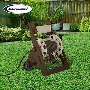 Suncast Hosemobile Portable Garden Hose Reel Cart with Wheels, Crank Handle, and Storage Tray for Gardening Accessories, 225' Hose Capacity, Mocha
