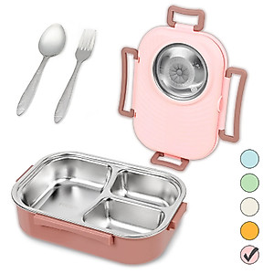 Puraville Stainless Steel Bento Lunch Box for Kids and Adults,Stackable BPA-Free Food Containers with 3 Compartments and Reusable Sauce Bowl, Fork and Spoon, (1000ml/34oz,Pink) …