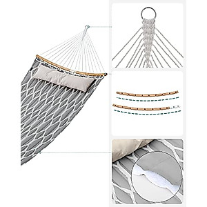 SONGMICS Hammock, Quilted Hammock with Curved Bamboo Spreaders, Pillow, 78.7 x 55.1 Inches, Portable Padded Hammock Holds up to 495 lb, Gray and Beige Rhombus UGDC034G02