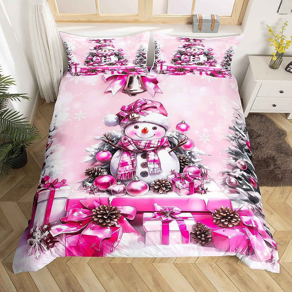 Feelyou Merry Christmas Tree and Snowman Bedding Set Full Size Xmas Pink Duvet Cover Girls Bedroom Decor Snowflake Comforter Cover Set Women Men Bow Bedspread Cover with 2 Pillow Case,No Comforter