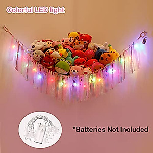 Stuffed Animal Net or Hammock with LED Light, Toy Hammock Hanging Stuffed Animal Storage Organizer Holder Boho Decor for Nursery Playroom Bedroom Kids Room Storage (Pink)