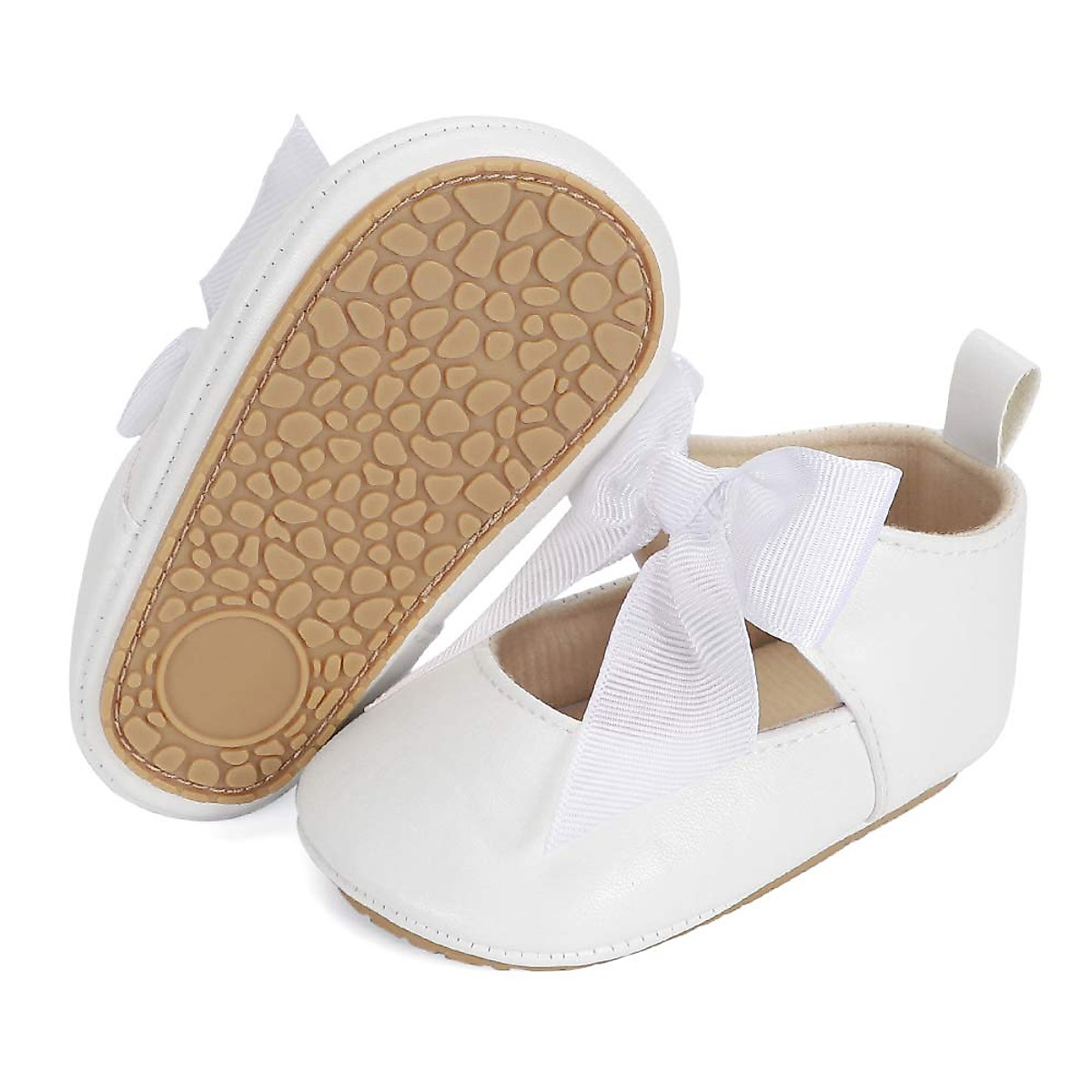 Baby Girls Bowknot Mary Jane Flats Rubber Sole Infant Toddler Walking Shoes Moccasinss Wedding Dress Shoes, White 3-6 Months