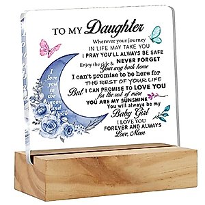 Daughter Gift From Mom, to My Daughter Wherever Your Journey in Life Desk Decor Moon Acrylic Desk Plaque Sign with Wood Stand Home Office Table Desk Sign Keepsake