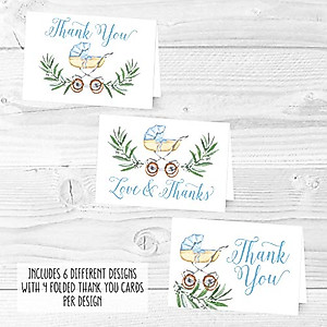 24 Blue Carriage Baby Shower Thank You Cards With Envelopes, Boy Sprinkle Thank-You Note, 4x6 Gratitude Card Gift For Guest Pack, Gender Reveal DIY So Grateful Greenery Vintage Varied Event Stationery