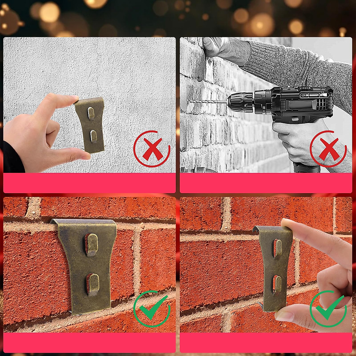 12Pcs Brick Clips or Brick Hangers for Hanging Outdoors, Brick Wall Clips Fits 2-1/4 to 2-2/5 Inch for Hanging Wreaths Lights Garlands Pictures, Brick Wall Hook Clips No Drill