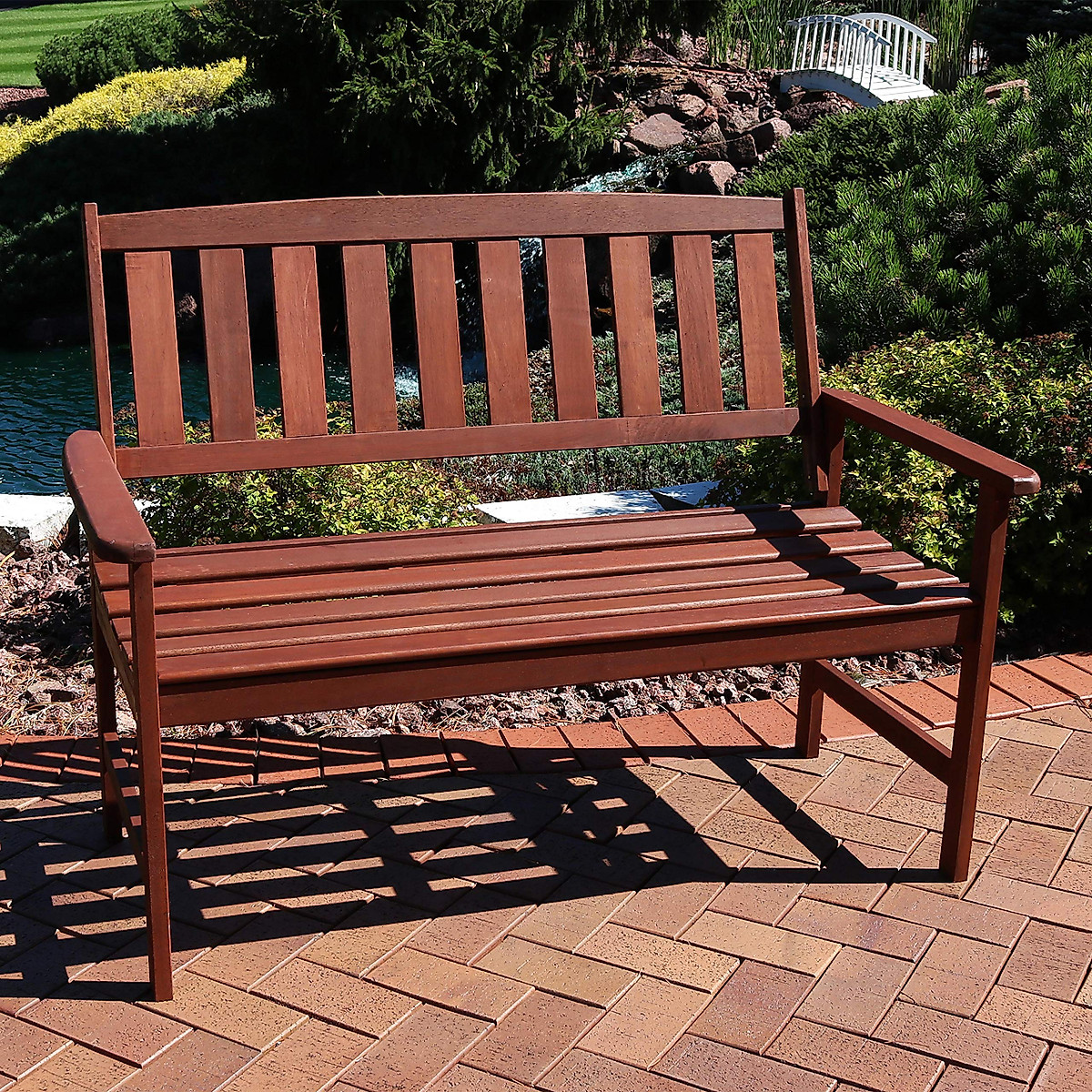 Sunnydaze Solid Meranti Wood 2-Seat Outdoor Garden Bench with Rustic Teak Oil Finish