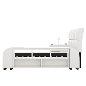 EOVTK Queen Size Upholstered Platform Bed with Built-in Multimedia Nightstand and Storage Shelves, Faux Leather Platform Bed Frame with 2 Cup Holders, Light and Charging Station, White