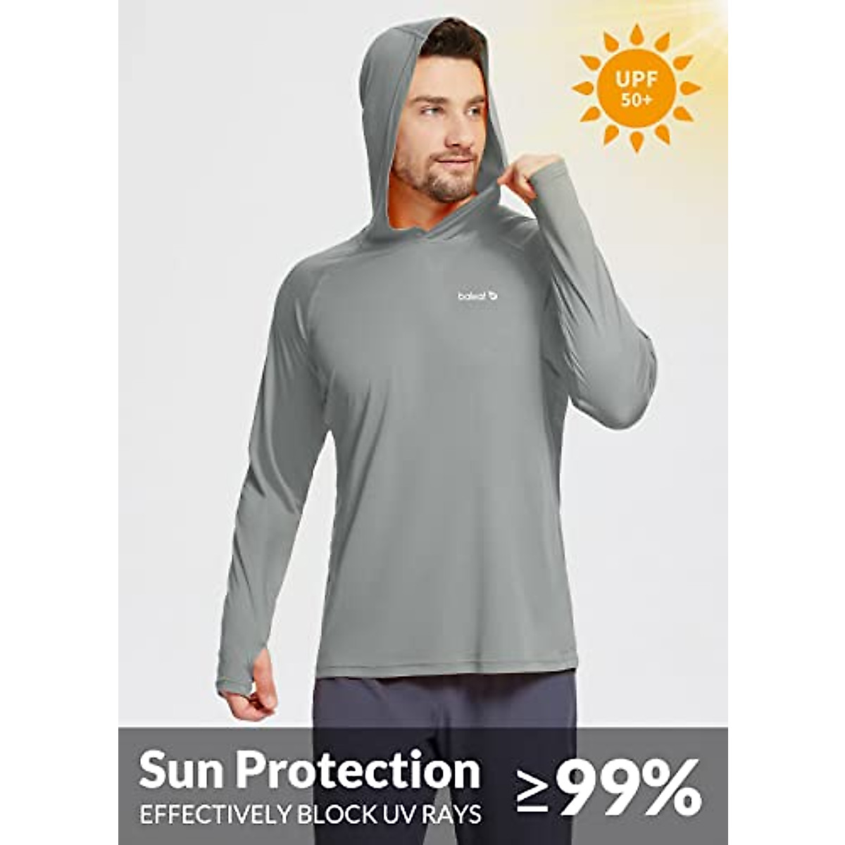 BALEAF Mens Swimwear Sun Protection Hoodie Shirt UPF 50+ Long Sleeve UV SPF T-Shirts Rash Guard Fishing Swimming Lightweight, Large, Style 1-Gray