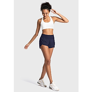 Women's Running Shorts High Waisted Quick-Dry 3 Inch Gym Workout Athletic Shorts for Women with Zipper Pocket(Navy Blue, XL)
