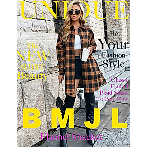 BMJL Womens Button Down Flannel Shirts Oversized Buffalo Plaid Shacket Long Sleeve Shirt Dress Long Jacket Coat Fall Tops fashion 2023(Brown, M)