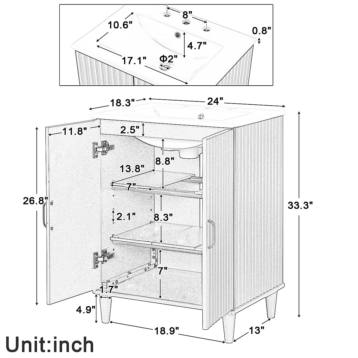 SIYSNKSI 24" Bathroom Vanity with Ceramic Sink, Bathroom Vanity Cabinet with 2 Doors and Adjustable Shelves, Solid Wood Combo Cabinet for Bathroom, Small Space (White + Solid Wood+MDF 07)