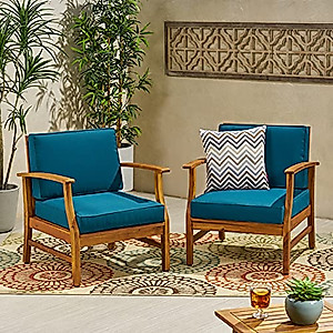 Christopher Knight Home Perla Outdoor Acacia Wood Club Chairs with Water Resistant Cushions, 2-Pcs Set, Teak Finish / Blue