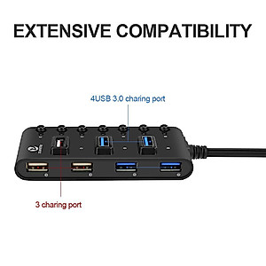 USB Hub 3.0 Network Hubs 7-Port USB 3.0 Hub with Smart Charging Port and Individual On/Off Power Switches for Windows 10/8 / Vista/XP and Mac OS X, Linux and Chrome OS