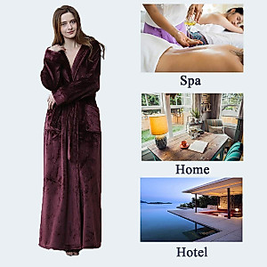 Hellomamma Long Hooded Robe for Women Luxurious Flannel Fleece Full Length Bathrobe Winter Warm Pajamas Shower Nightgown Wine Red X-Large