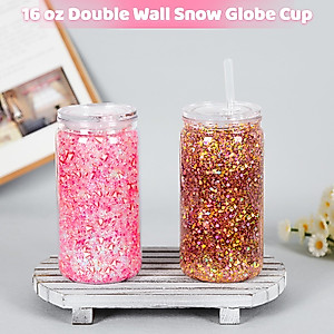 Tswofia 8 Pack plastic Snow Globe Tumbler, 16 Oz Double Wall Plastic Can with Lid and Straw, Plastic Mason Jar Mug for Snow Globe Glitter DIY Gift (Clear)