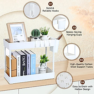 SageCapri 2 Pack Under Sink Organizer, 2 Tier Under Kitchen Bathroom Sink Storage with Hooks & Haning Cups, Multi-Purpose Cabinet Organization Basket Storage Shelf for Restroom Bedroom Living room, White