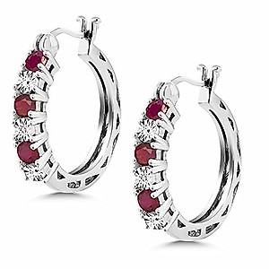 Gem Stone King 925 Sterling Silver Red Ruby and White Lab Grown Diamond Accent Women's Hoop Earrings (0.83 Cttw, 22MM = 0.85 inches Diameter)