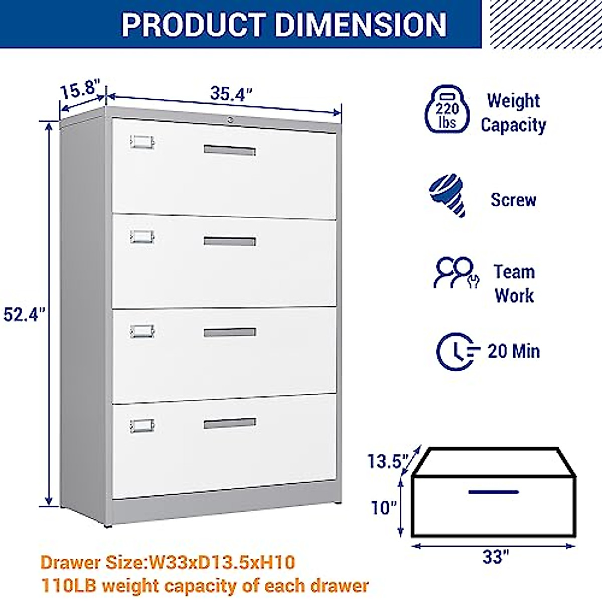 Fesbos 4 Drawer Lateral File Cabinet with Lock, Metal Steel Filling Cabinets for Home Office, Lockable Storage Cabinet for Hanging Files Letter/Legal/F4/A4 Size-Assembly Required