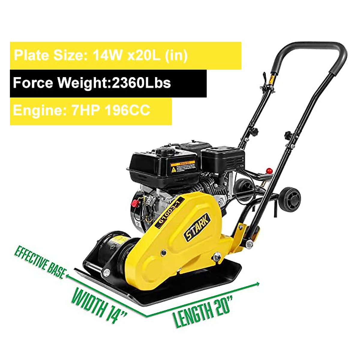 Stark USA 7.0HP 5000VPM 5500MAX Gas Vibration Compaction Force 20 x 14 inch Plate Compactor w/Built-in Wheel