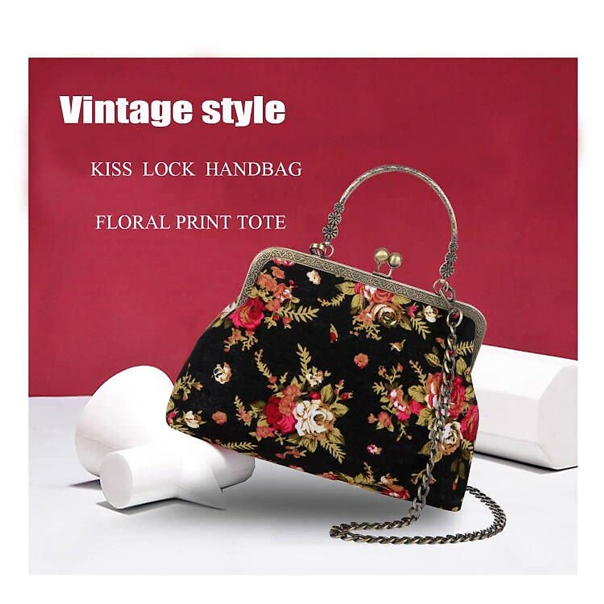 Abuyall Vintage Handbags Floral Top-Handle Kiss Lock Evening Bag for Women Retro Purse with Chain Women's Clutch Bag for Party 1920s Clutch Purse (Black)