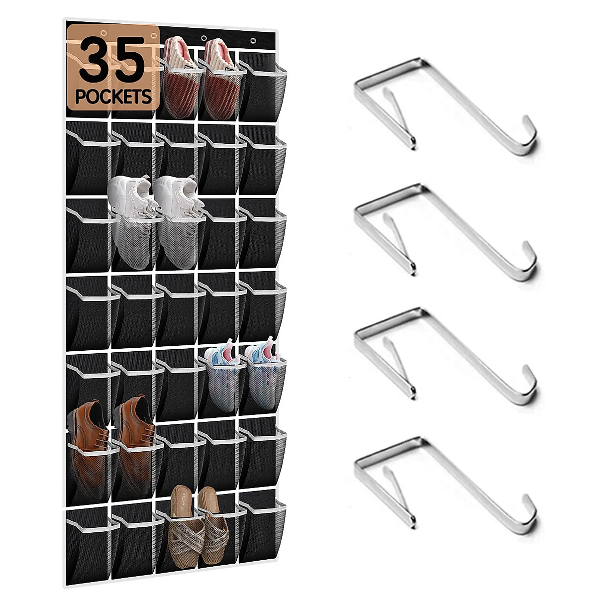 35 Compartment Breathable Mesh Pocket Over the Door Hanging Shoe Organizer, Closet Shoe Organizer, Large Men's and Women's Shoe Organizer, Hanging Over the Door Shoe Organizer (Black)