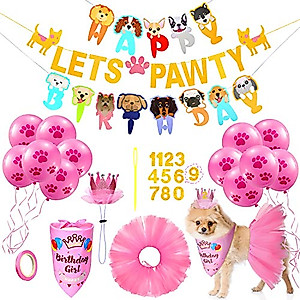 Dog Birthday Party Supplies Decoration Include Tutu Skirt Crown Hat 0-8 Figure Pet Happy Birthday Triangle Scarf Let's Pawty Banner and 10 Pieces 10 Inch Paw Print Balloons for Pet (Pink)