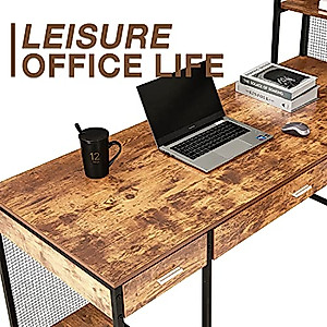 HEAO L-Shaped Desk with 2 Drawers and Cabinet, Industrial Style Home Office Desk W/Storage Shelves,Corner Desk Double Computer Table Space-Saving (Light Brown)