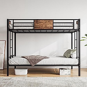 VECOCHO Metal Bunk Bed Twin Over Twin with 2- Side Ladder and Full-Length Guardrail，Space-Saving Design/No Box Spring Needed/Noise Free,Black & Vintage Brown