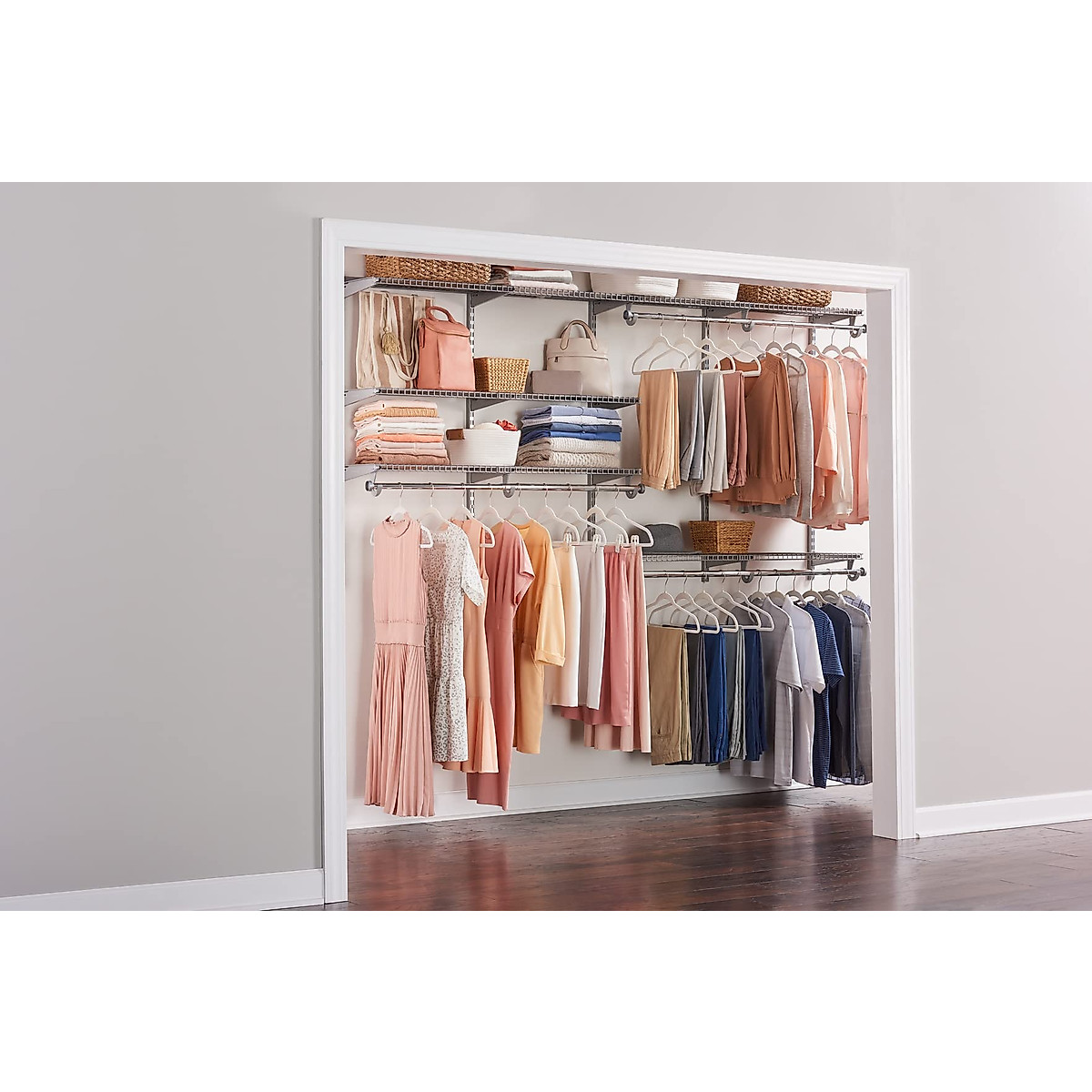 Rubbermaid Configurations Deluxe Closet Kit, Titanium, 4-8 Ft., Wire Shelving Kit with Expandable Shelving and Telescoping Rods, Custom Closet Organization  System, Easy Installation