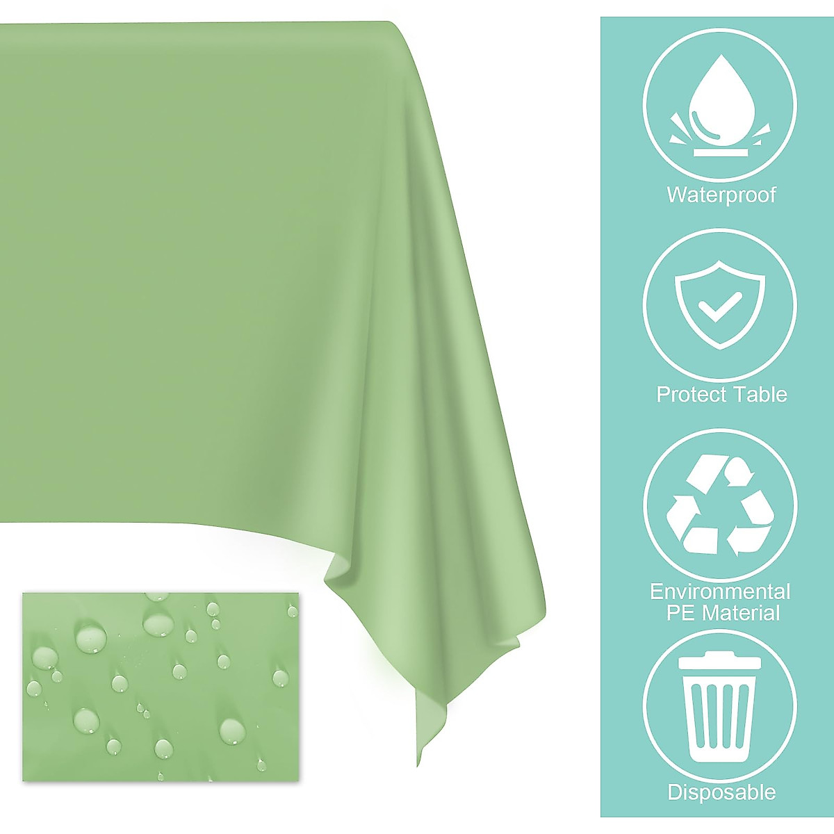 2 Pcs Sage Green Tablecloth Plastic 54 ×108 Inches Rectangle Sage Green Tablecloth Disposable Plastic Waterproof Table Cover for Outdoor Picnic, Kitchen, Holiday Birthday Wedding Baby Shower Party