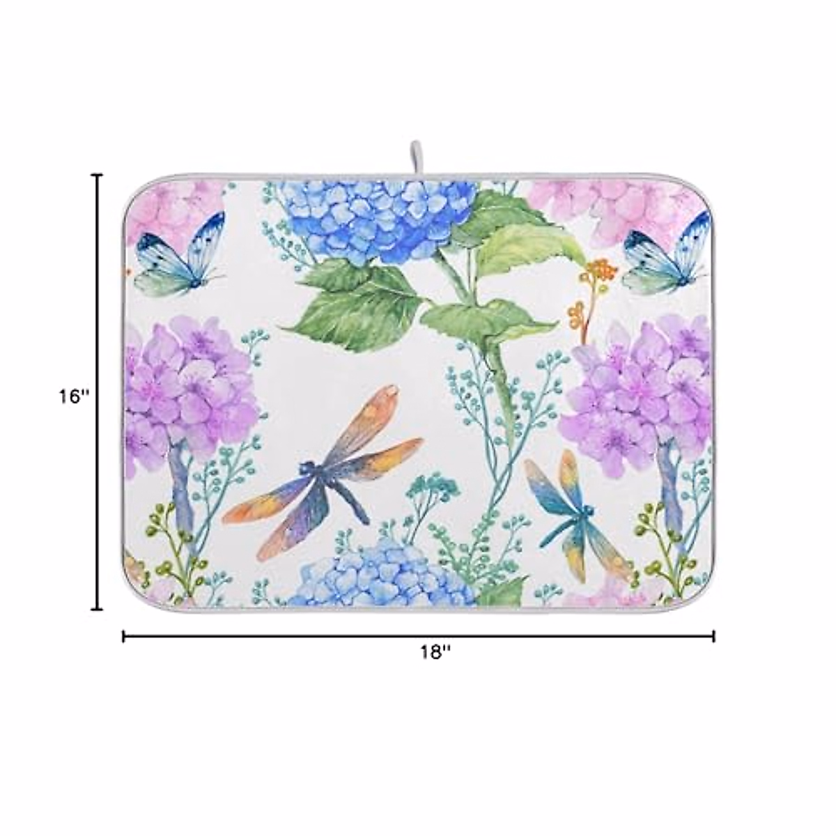 ZzWwR Beautiful Hydrangeas Dragonflies Floral 16 x 18 Inches Absorbent Dish Drying Mat Microfiber Kitchen Countertop Table Protector Multi-Purpose Counter Rack Sink Drainer Pad